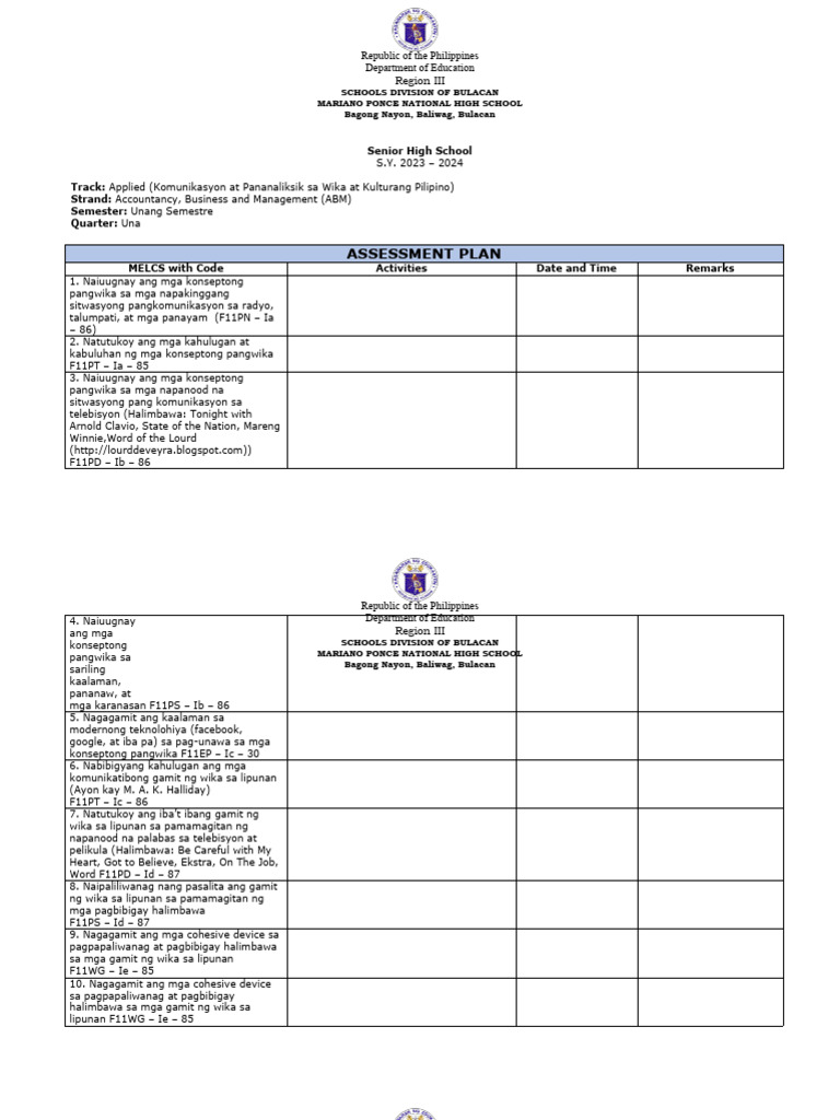 Assessment-Plan Abm Kompan | PDF