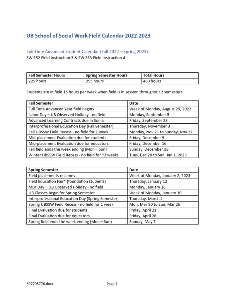UB School of Social Work Field Calendar 2022-2023 Advanced Fall Spring ...