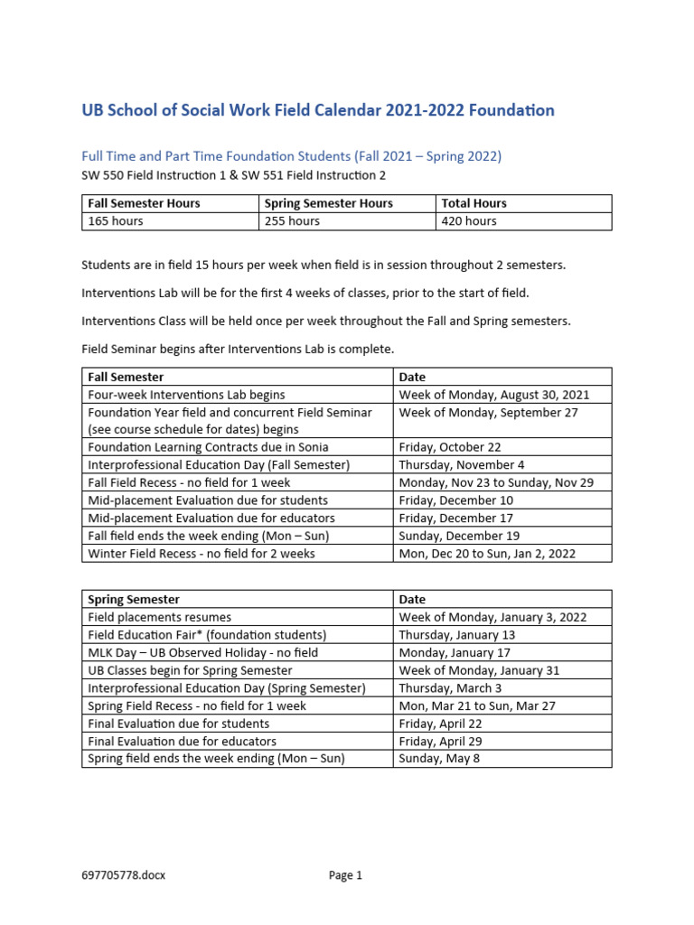 UB School of Social Work Field Calendar 2021-2022 Foundation Fall ...