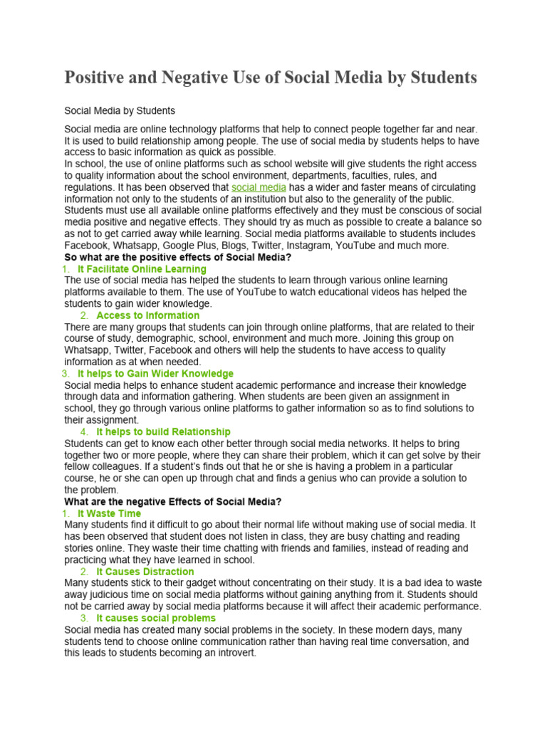 Positive and Negative Use of Social Media by Students | PDF | Social ...