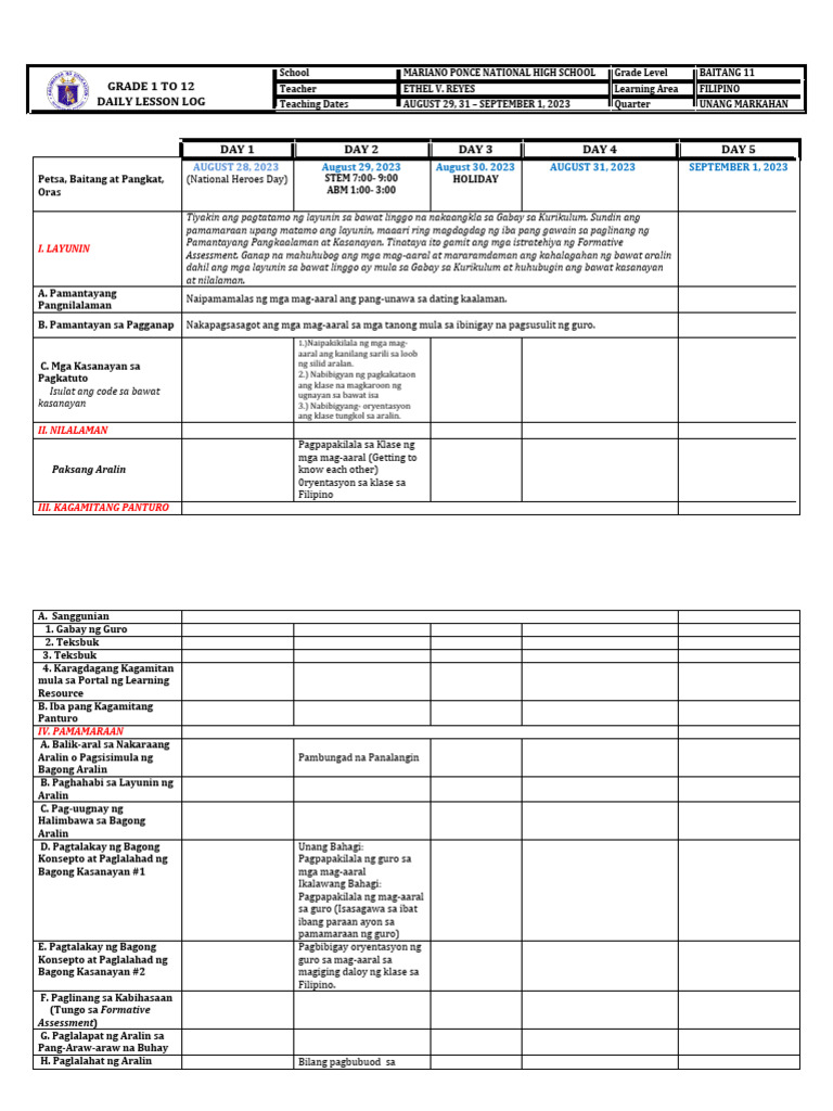 DLL SHS Aug 29,31 - Sept 1, 2023 | PDF
