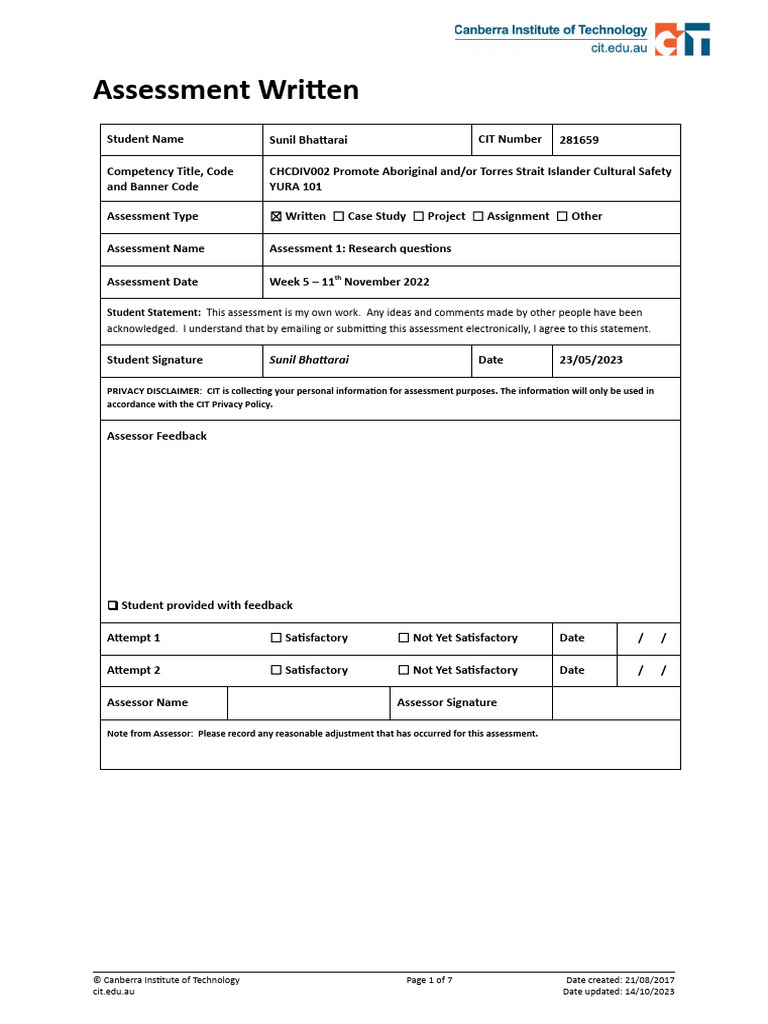 Assessment 1 Research (Promote Aboriginal Andor Torres Strait Islander ...