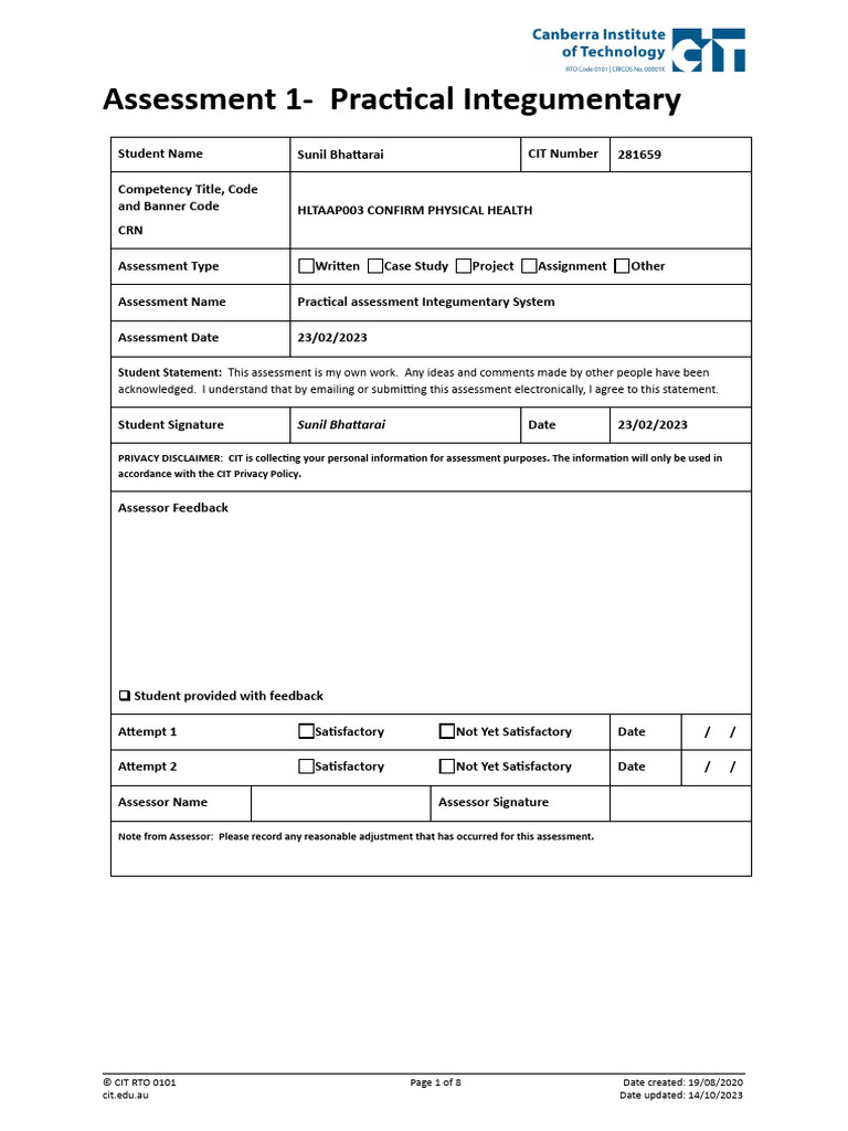 Assessment 1 - Integumentary Practical Assessment Updated 2022 | PDF ...
