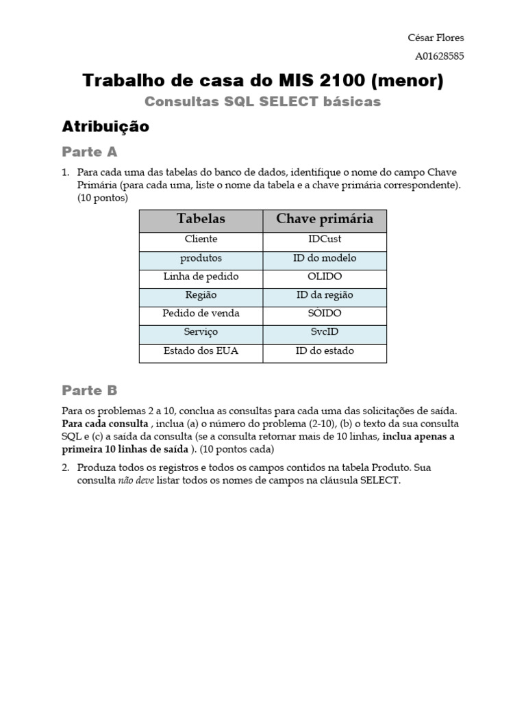 MIS 2100 HW Minor - Consultas SQL Básicas (Primavera de 2020) | PDF ...