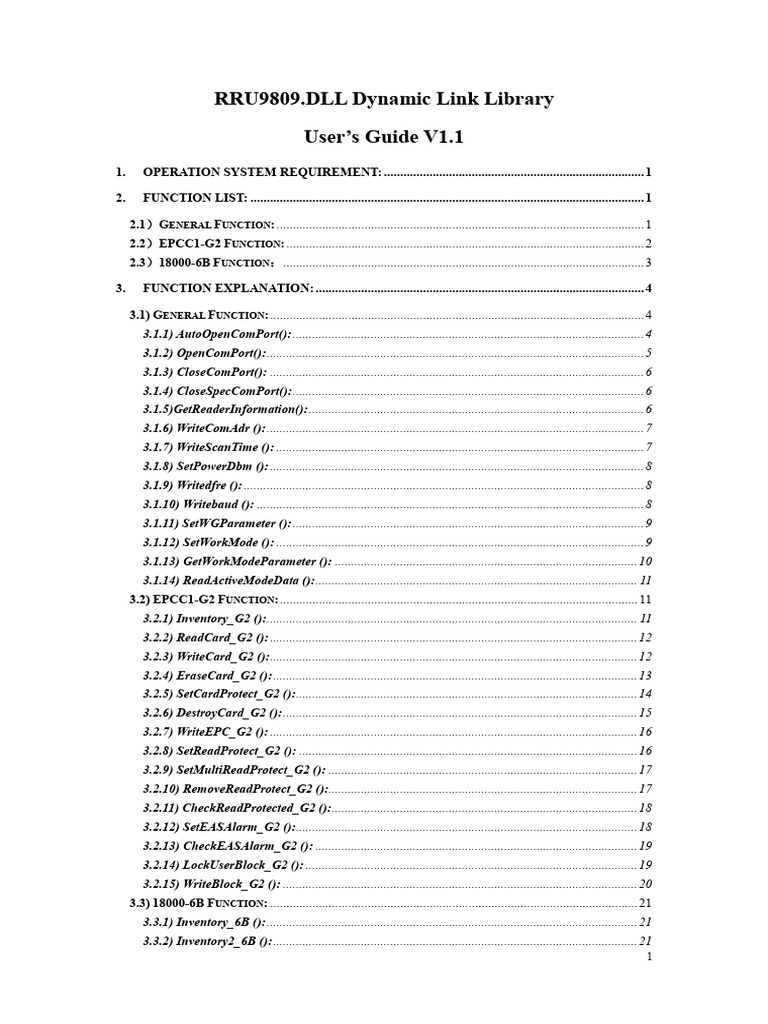 RRU9809.DLL Dynamic Link Library User's Guide v1.1 | PDF | Parameter (Computer Programming ...