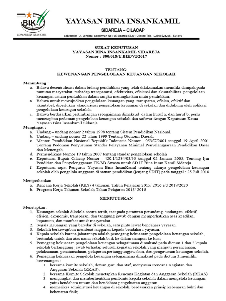 SK Pengelolaan Keuangan Bik | PDF