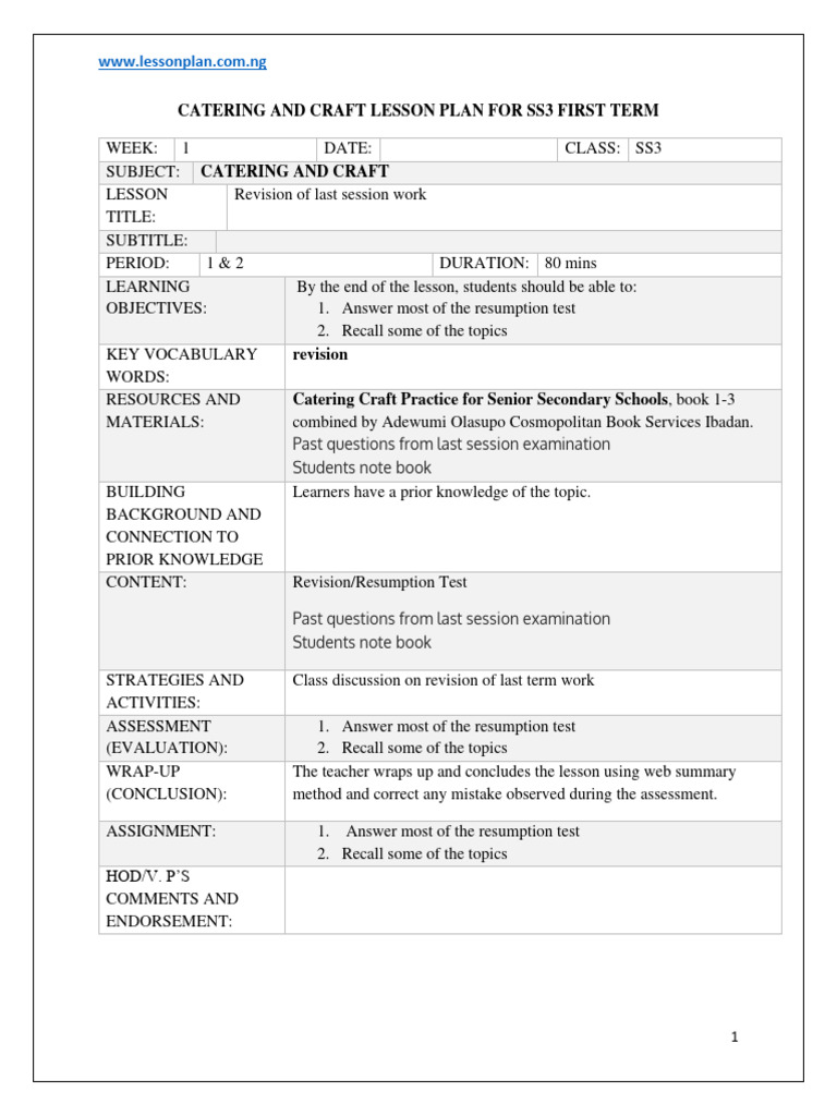 Catering and Craft Lesson Plan PDF | PDF | Adolescence | Vitamin