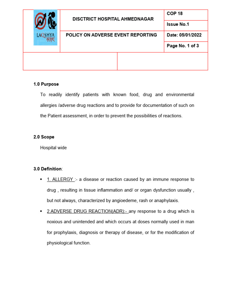 SOP 19 - Adverse Event Reporting Policy DH AHMEDNAGAR | PDF | Allergy ...