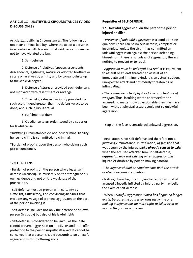 Article 11 Justifying Circumstances | PDF