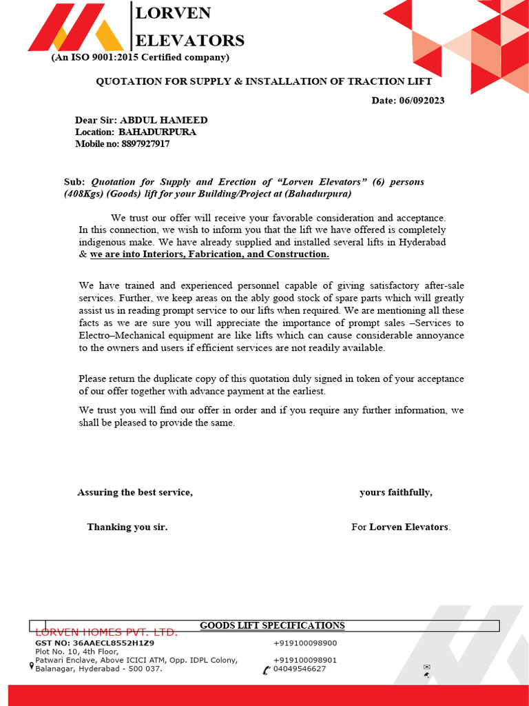 Quotation for Traction Lift Installation | PDF | Elevator | Value Added Tax