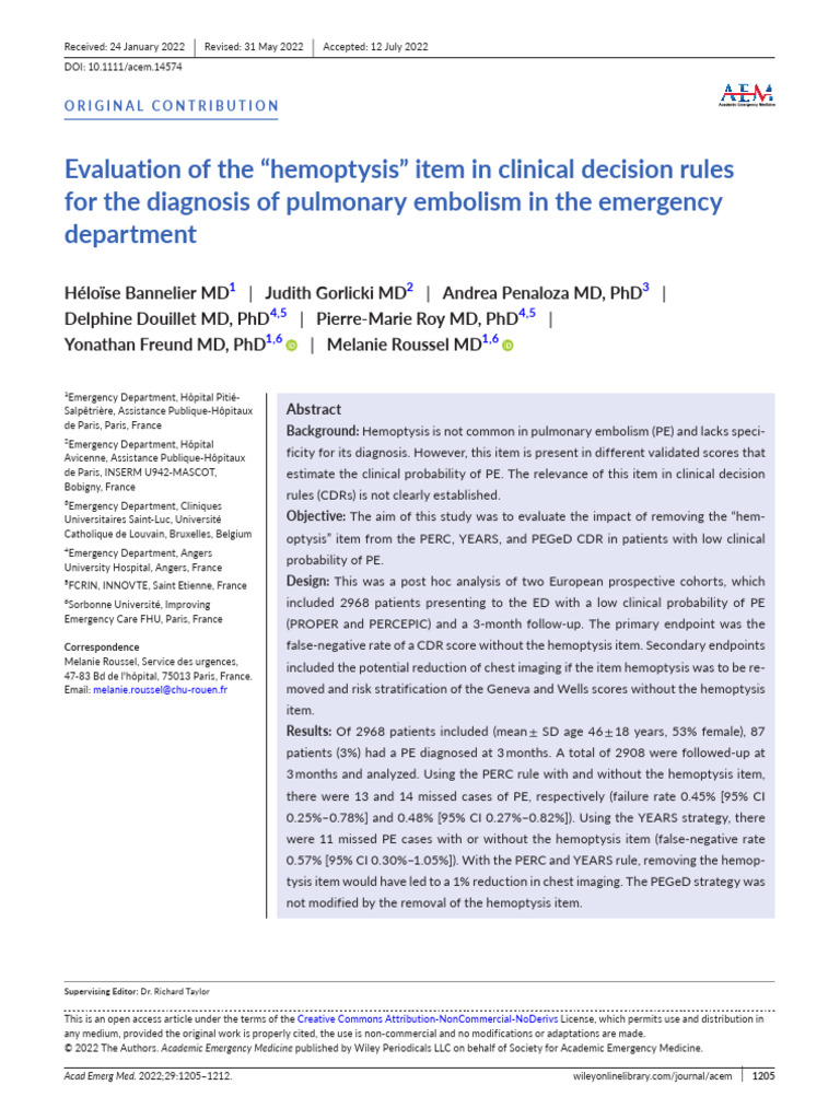 Evaluation of The "Hemoptysis" Item in Clinical Decision Rules For The Diagnosis of Pulmonary ...