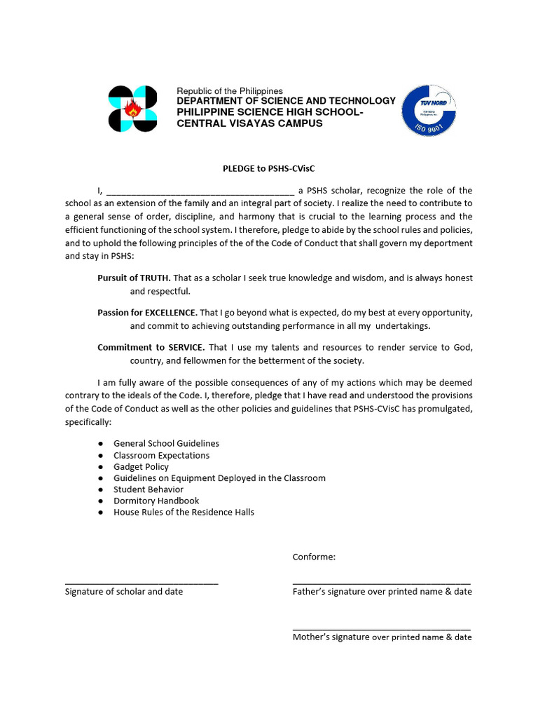 Pledge To PSHS-CVisC | PDF