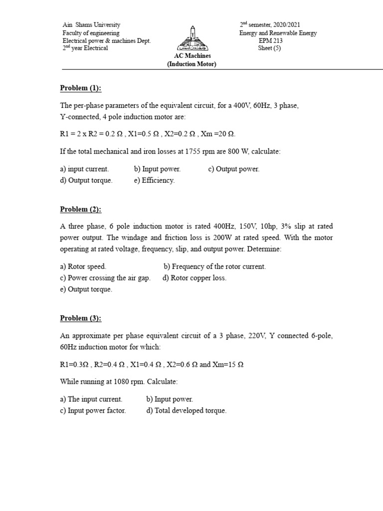 Induction Motor Problem Set | PDF
