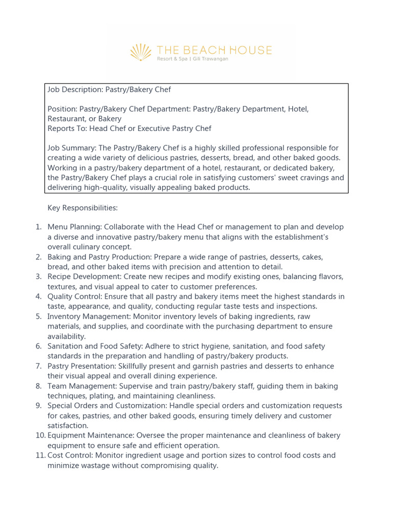 Job Description Pastry-Bakery | PDF | Baking | Bakery