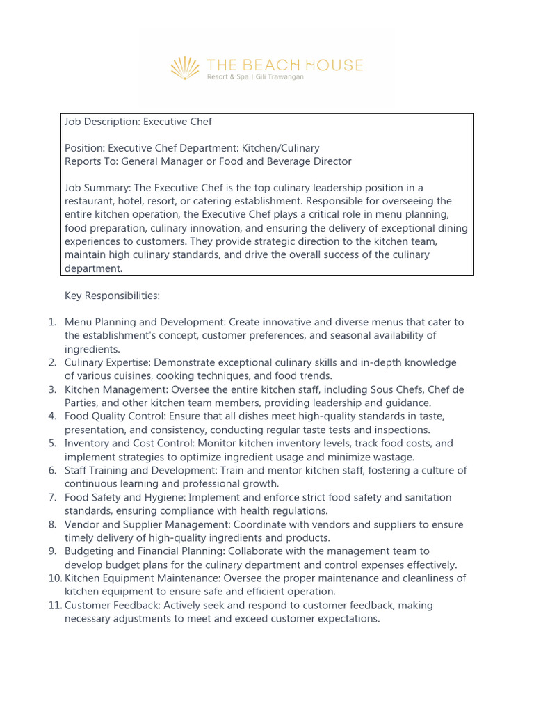 Job Description Executive Chef | PDF | Chef | Restaurants