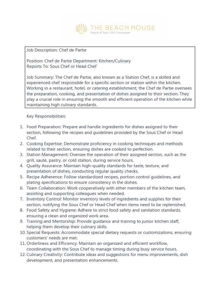 Job Description Chef de Partie | PDF | Chef | Kitchen