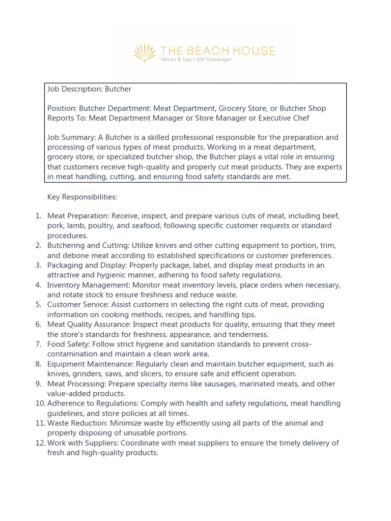 Job Description Butcher | PDF