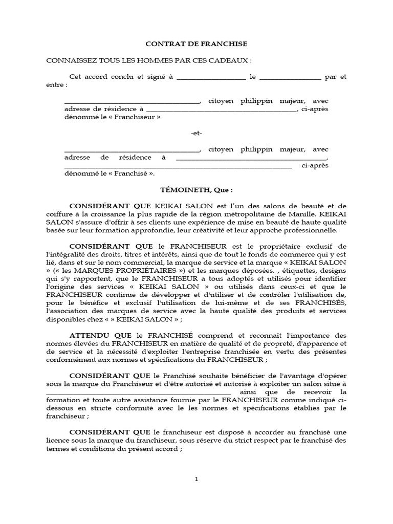 Contrat de Franchise KEIKAI SALON | PDF