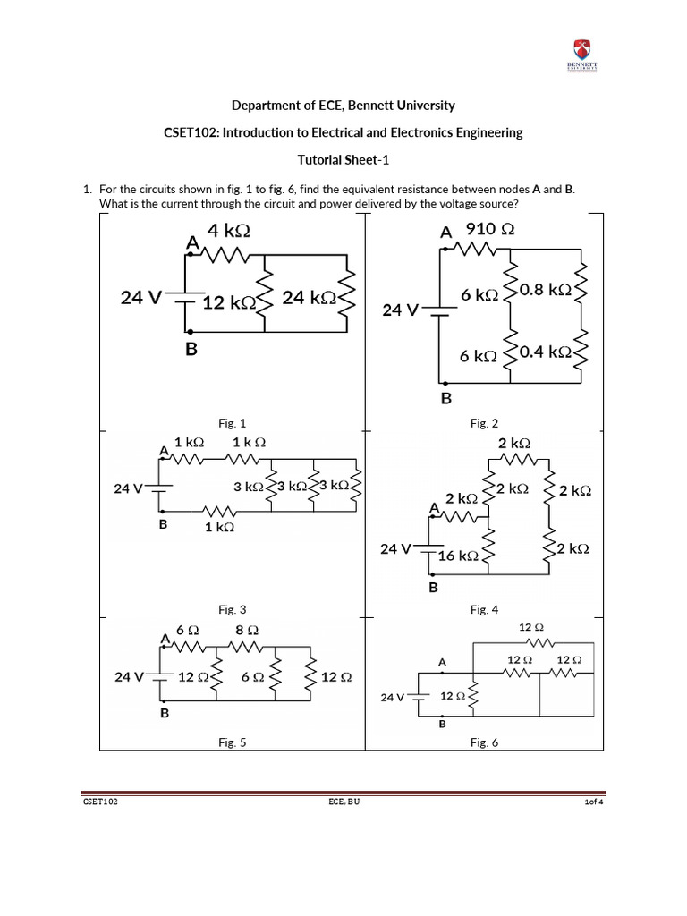 CSET102 - Tutorial-1 - 2023-24 Sem I | PDF | Electrical Network | Electrical Resistance And ...