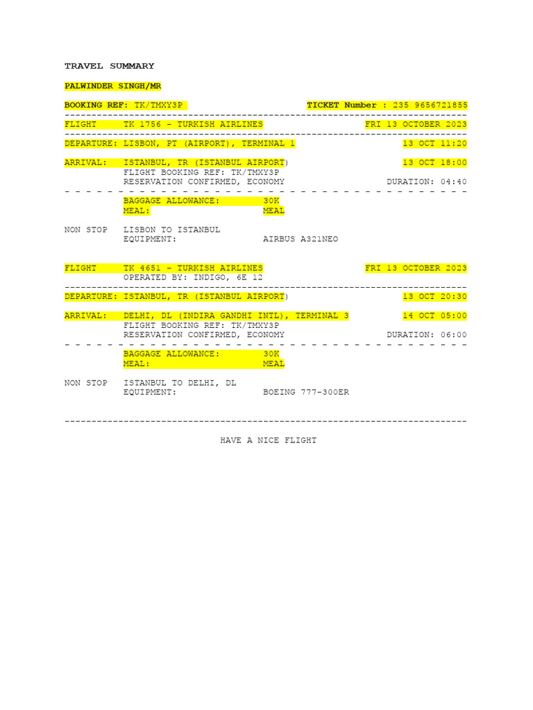 Travel Summary: Palwinder Singh/Mr Booking Ref: Tk/Tmxy3P | PDF