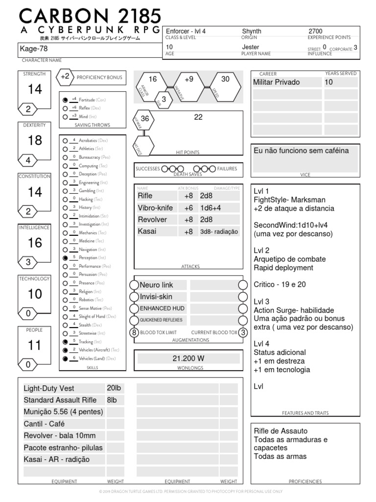 Ficha Cyberpunk Kage 78 Vivo Pdf Gaming Role Playing Games