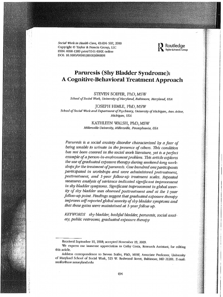 Paruresis Shy Bladder Syndrome A Cogniti | PDF