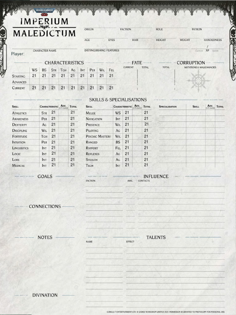 Imperium Maledictum - Character - Sheet - Fillable | PDF