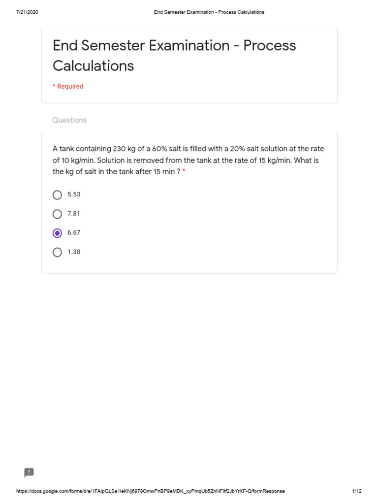 End Semester Examination - Process Calculations | PDF