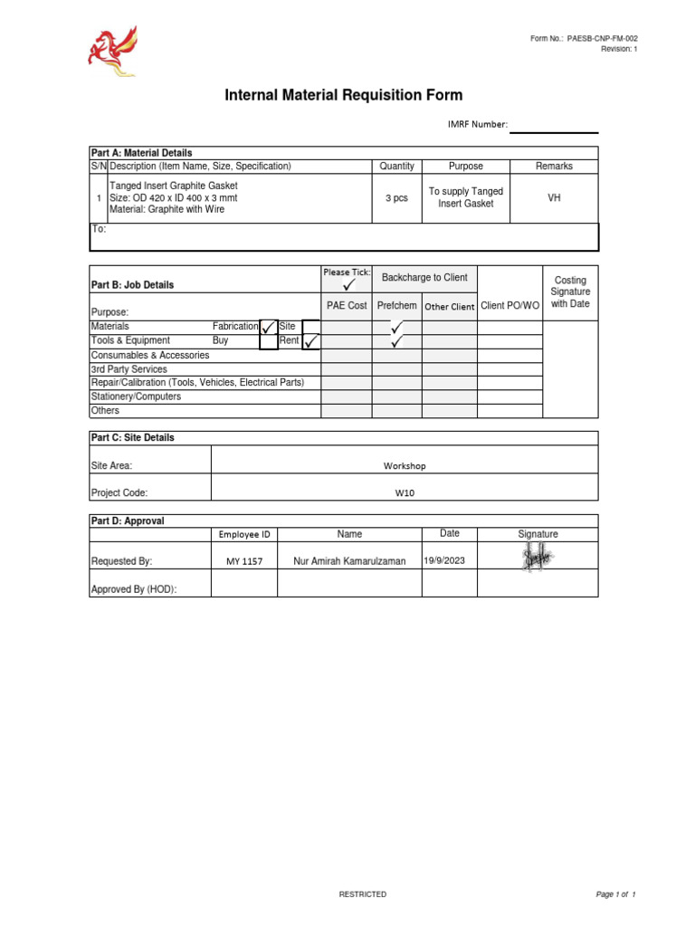 Internal Material Requisition Form | PDF