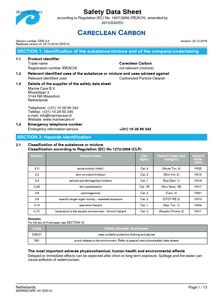 Careclean Carbon | Download Free PDF | Dangerous Goods | Toxicity