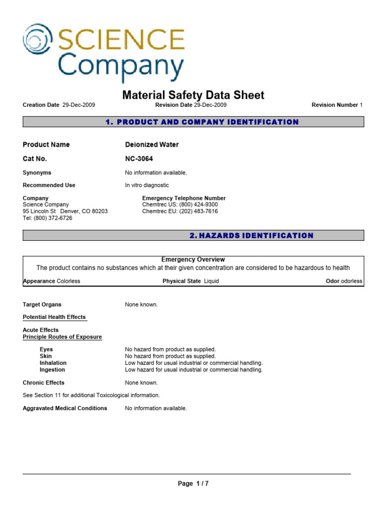 Deionized Water Safety Data Sheet | PDF | Personal Protective Equipment ...