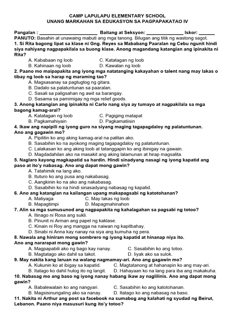 Unang Markahan Sa Esp Iv | PDF