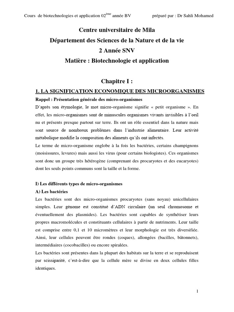 Chapitre1 Biotechnologies Et Applications | PDF | Bactérie | Levure