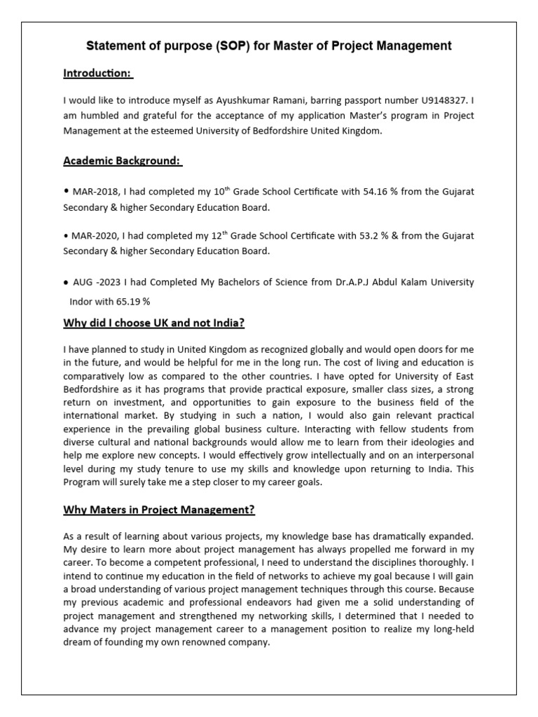 Statment of Purpose Project Management 2 | PDF | Cost Of Living ...