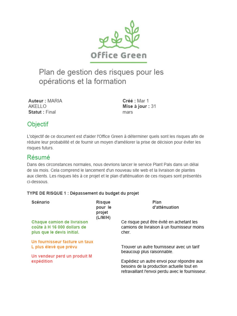Plan de Gestion Des Risques | PDF | Risque | Gestion des risques