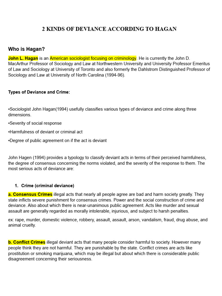 2 Kinds of Deviance According To Hagan | PDF | Deviance (Sociology ...