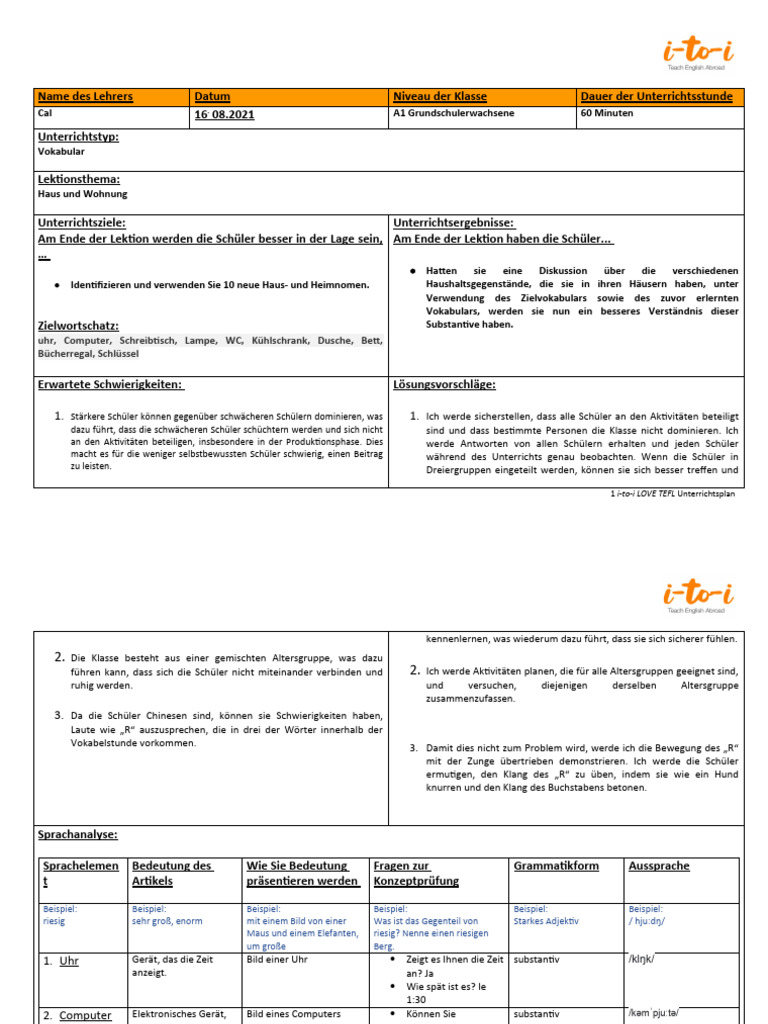 Unterrichtsplan - Aufgabe 1 | PDF