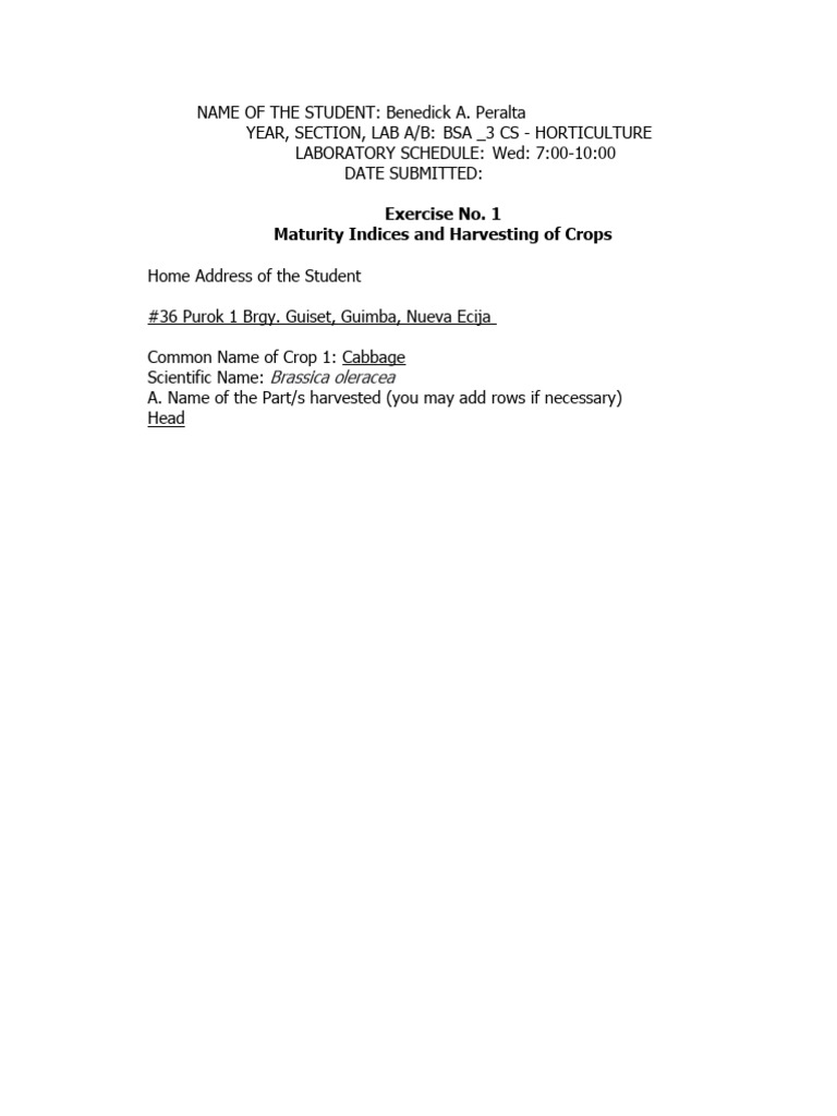 (Template) Lab Report. Exercise 1. Maturity Indices and Harvesting of ...