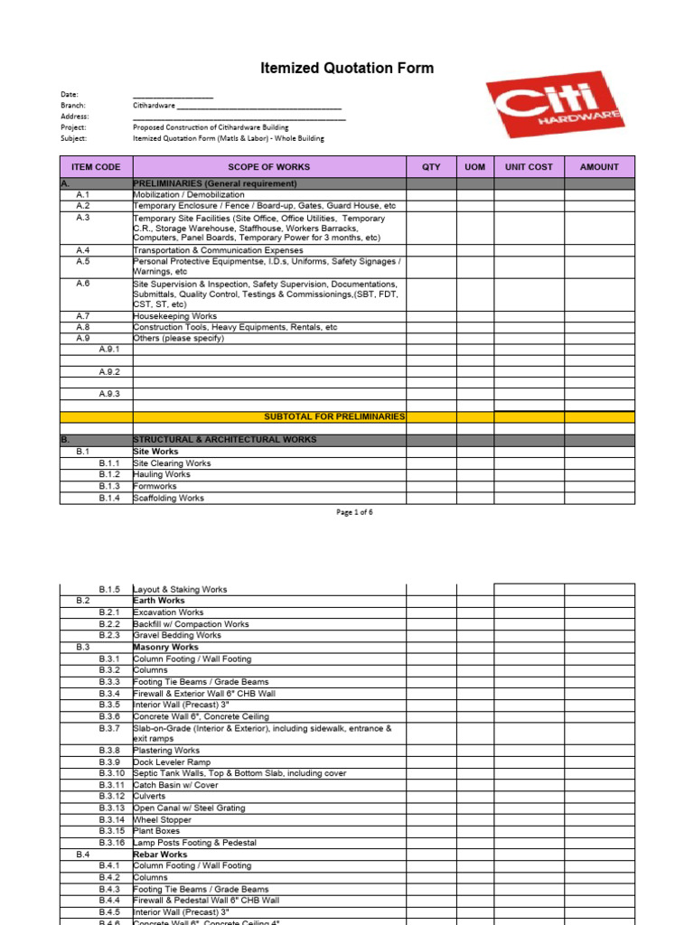 Itemized Quotation Form For Construction of Citihardware Bancasi 10.7.19 v2 | PDF | Framing ...