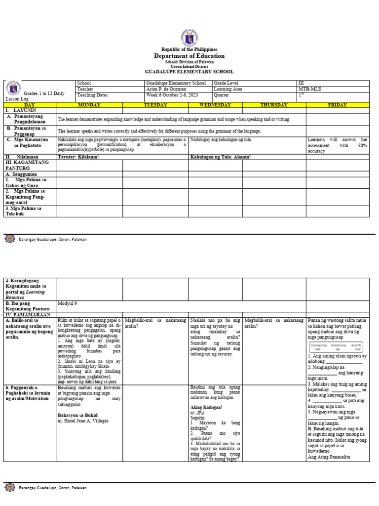 DLL Quarter 1 Week 6 Mtb-Mle | PDF