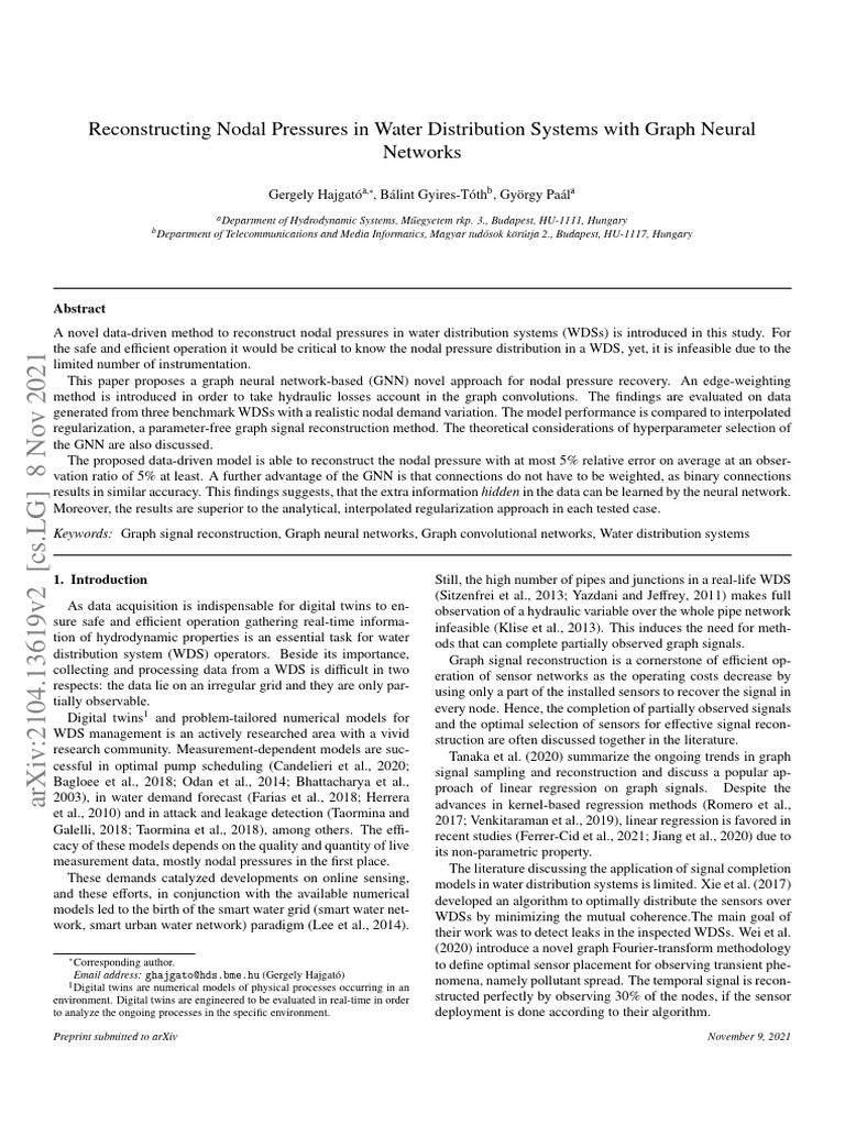 Reconstructing Nodal Pressures in Water Distribution Systems with Graph Neural Networks | PDF ...