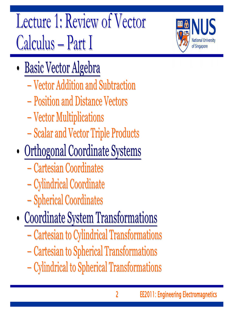 EE2011 Lecture 1 - Review of Vector Calculus | PDF | Euclidean Vector | Vector Calculus