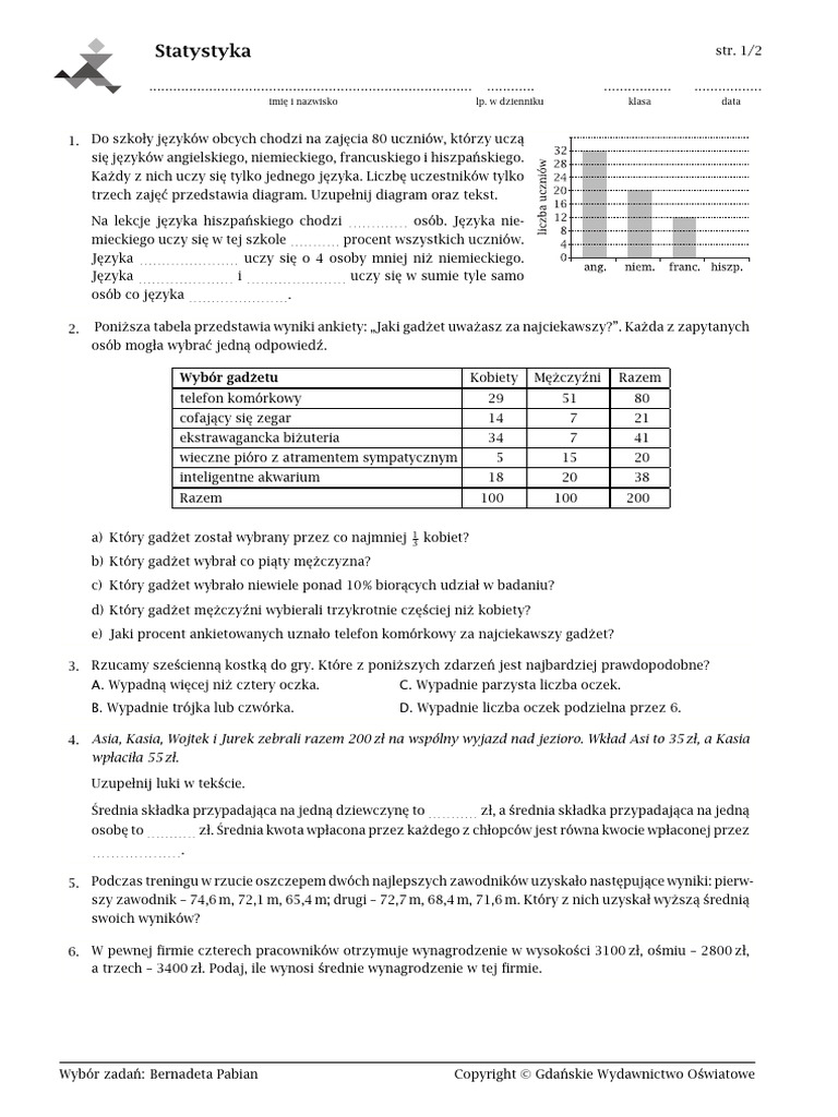 kl.7 - Mat - Sprawdzian - Statystyka | PDF