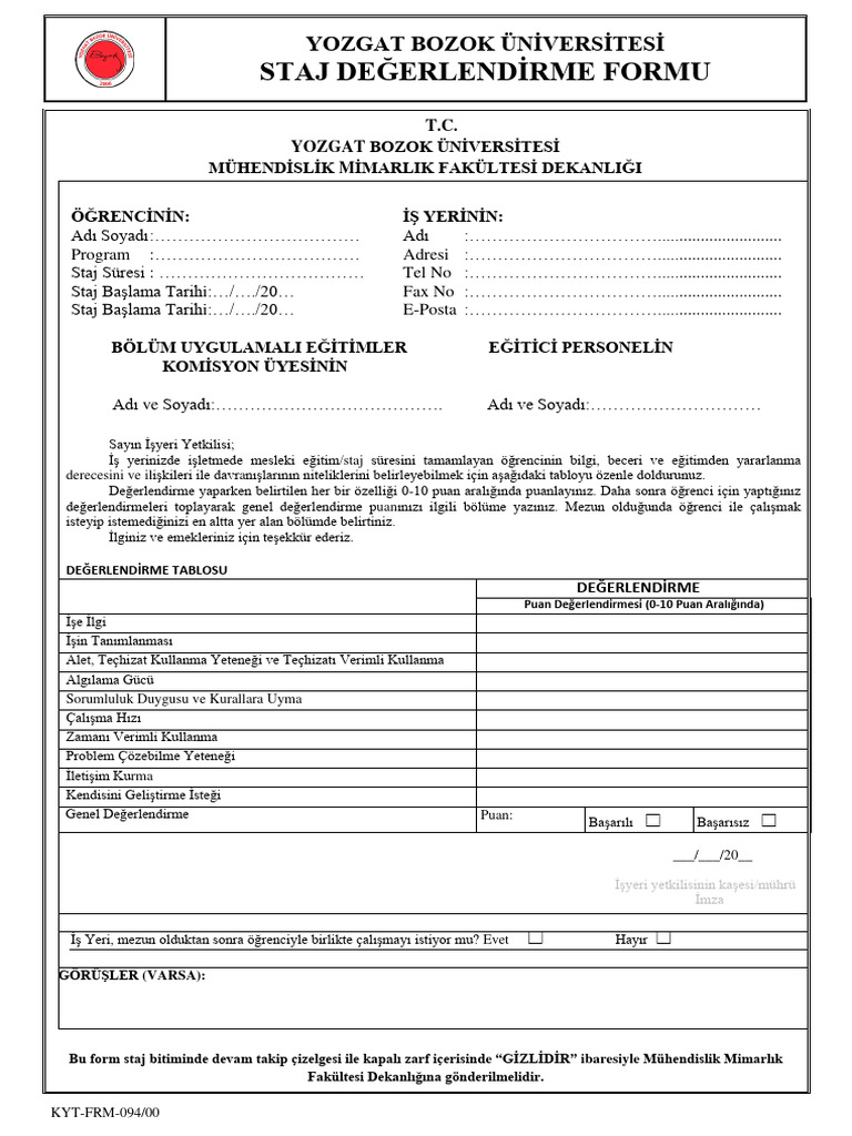 Staj İşletme Değerlendirme Formu | PDF