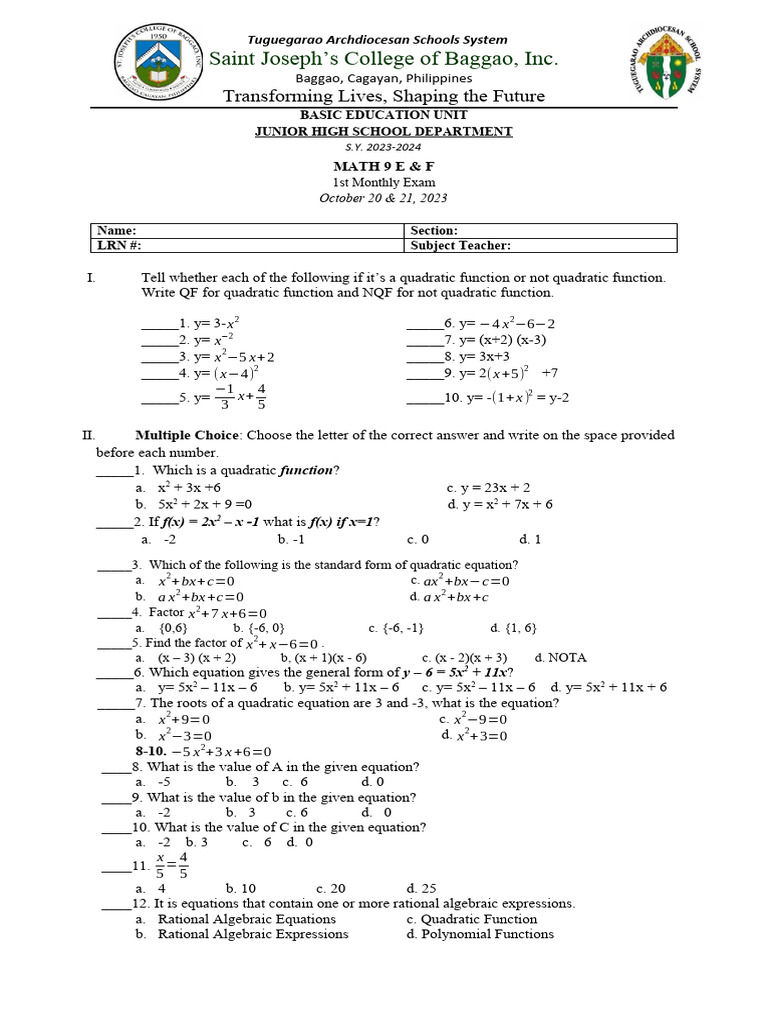 Grade 9 1st Quarter Exam | PDF | Quadratic Equation | Equations
