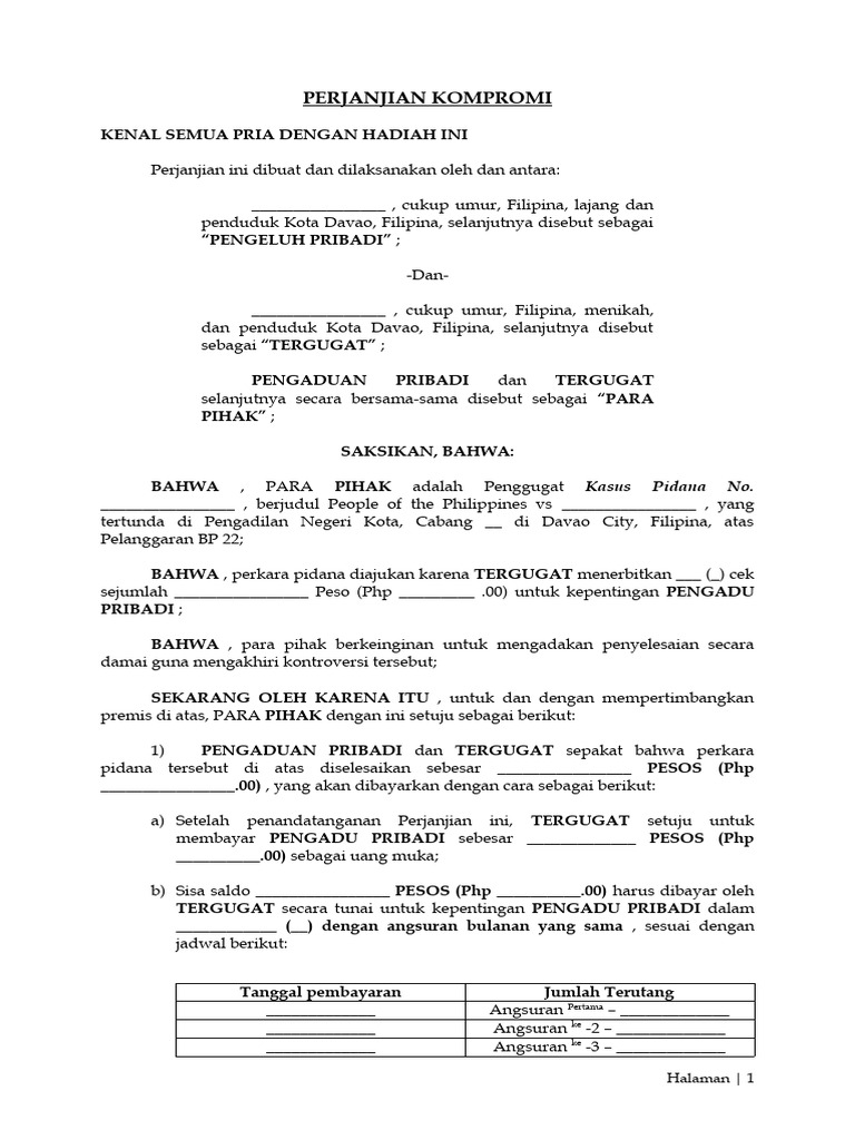 CONTOH PERJANJIAN KOMPROMI (Pemberhentian Sementara - BP 22) | PDF