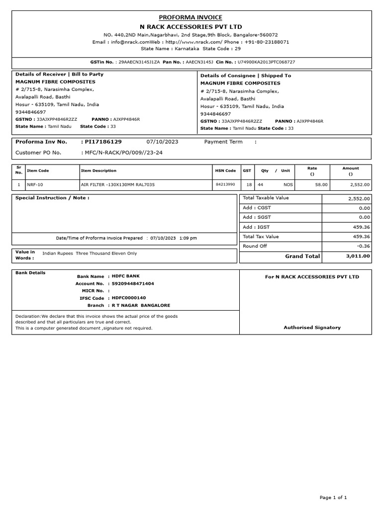 Proforma Invoice for Air Filter Sale | PDF | Taxation | Economies