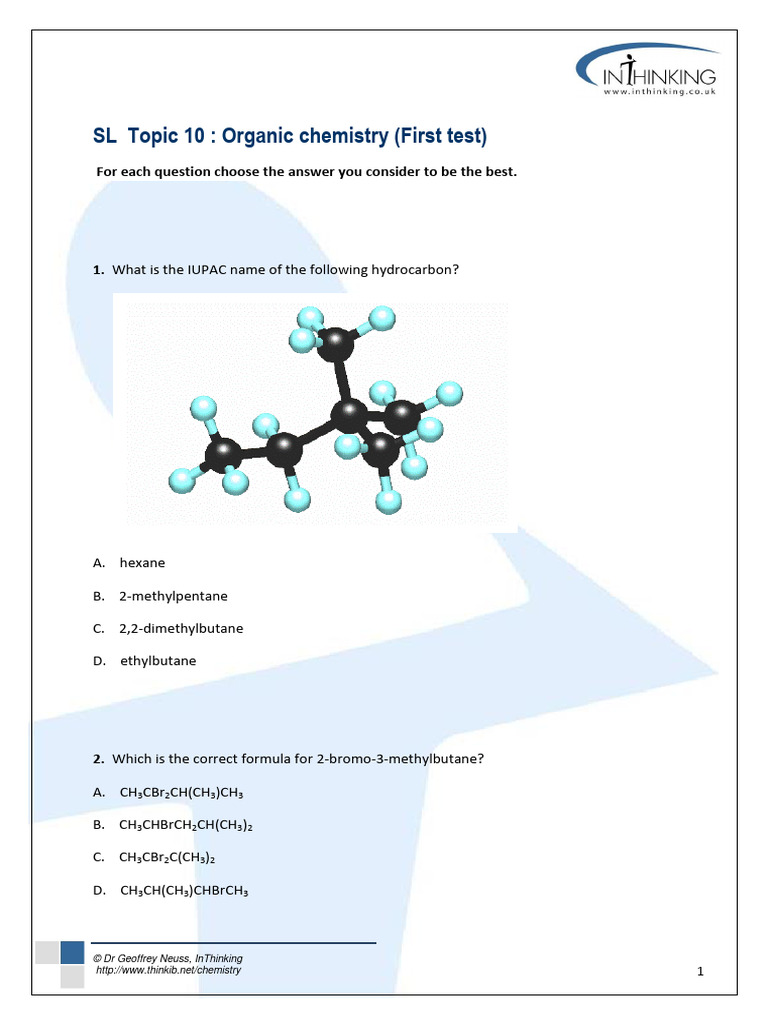 Topic 10 Organic Chemistry 1 | PDF | Chlorine | Methyl Group