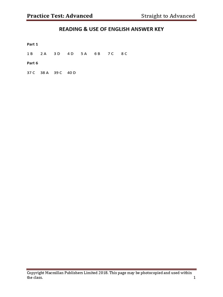 Reading and Use of English Answer Key | PDF