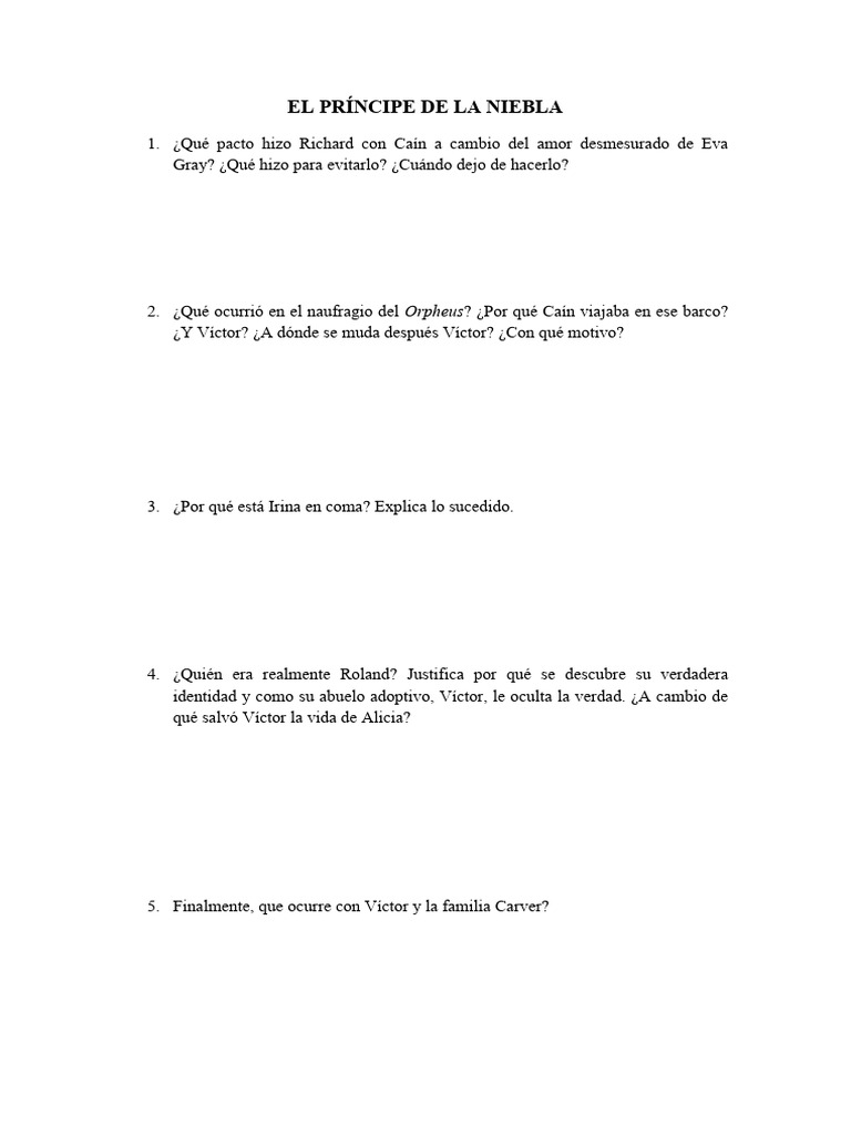 Guía de Análisis de "El Príncipe de la Niebla" | PDF